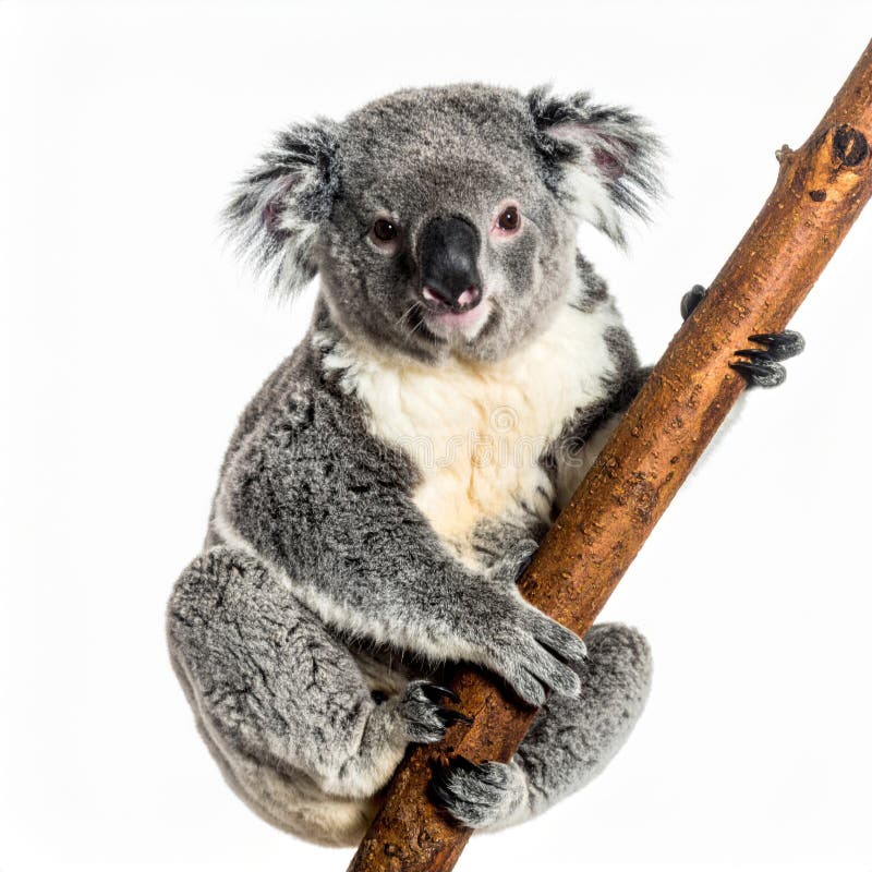 Cute Koala Climbing a Branch with Soft Gray Fur on a White Background ...