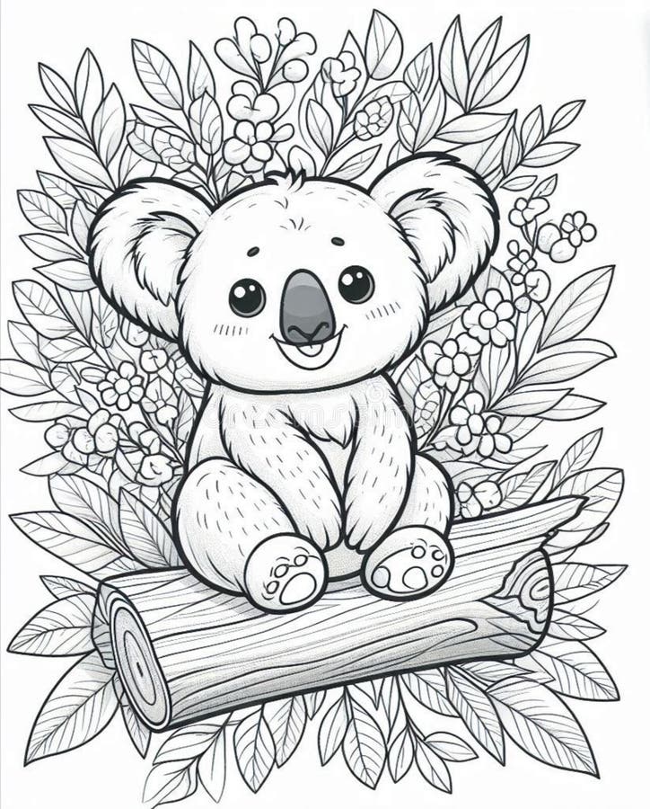Cute Koala Drawing Leaves Animals Coloring Book Coloring Page, AI ...