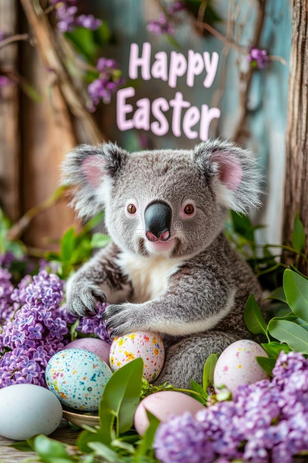 Cute Koala with Easter Eggs Surrounded by Purple Flowers in Festive ...
