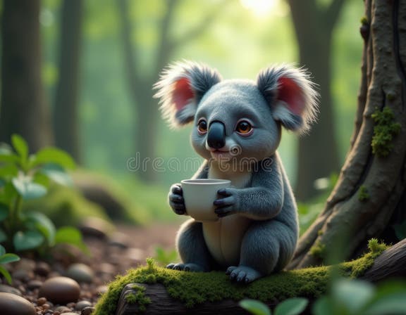 Cute Koala Enjoying a Cup of Tea in the Forest Stock Illustration ...