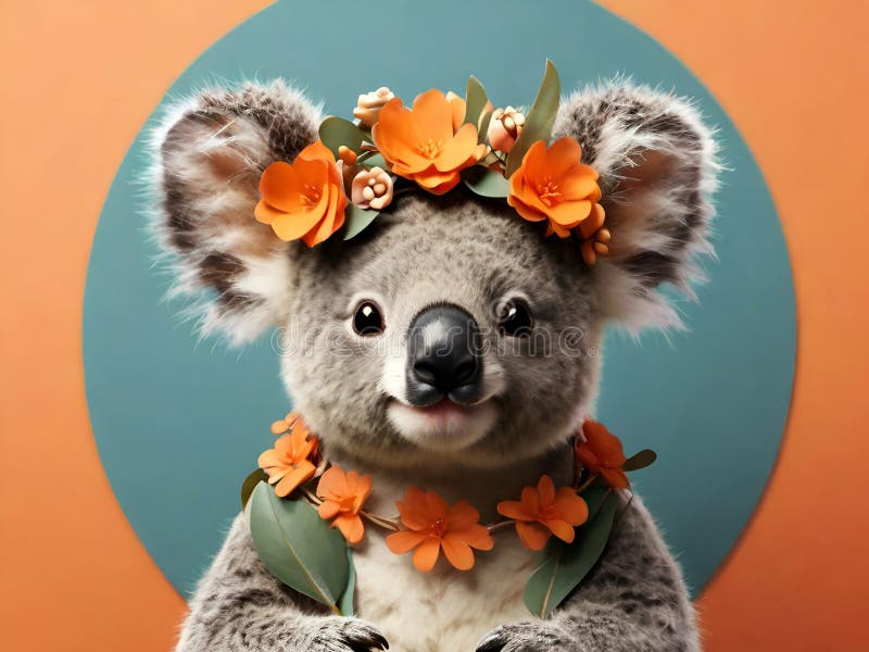 Cute Koala with Floral Wreath on Head, on a Solid Color Background ...