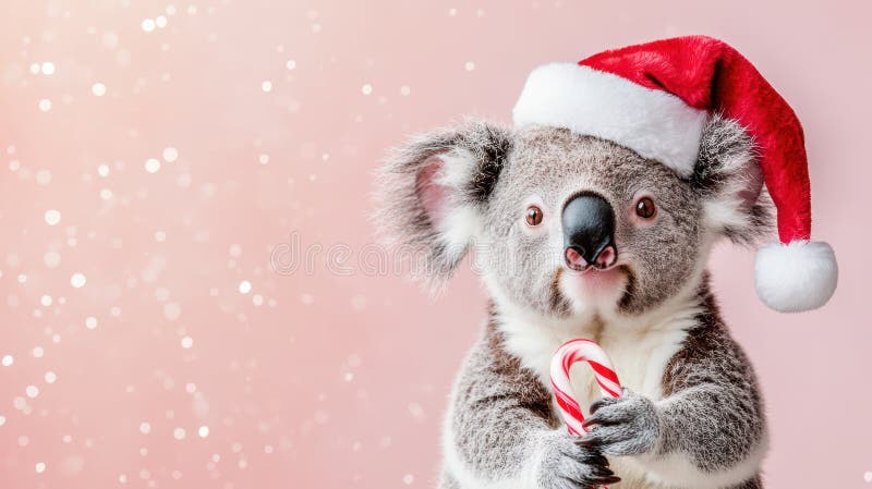 Cute Koala Holding a Candy Cane in a Santa Hat, Christmas Theme Stock ...