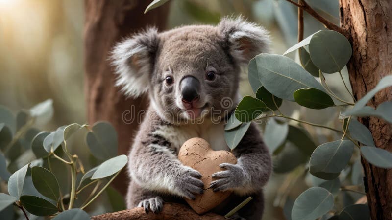 Adorable Koala Holding Heart-Shaped Clay in Eucalyptus Tree Stock ...