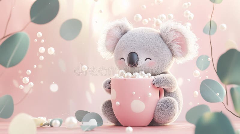 Cute Koala Hugs Bubble Tea Cup in a Whimsical Pastel Setting with ...