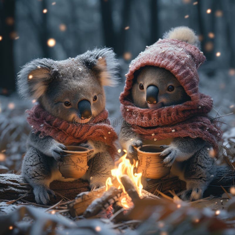 Cute Koala Lighting a Campfire in Winter with the Concept of ...
