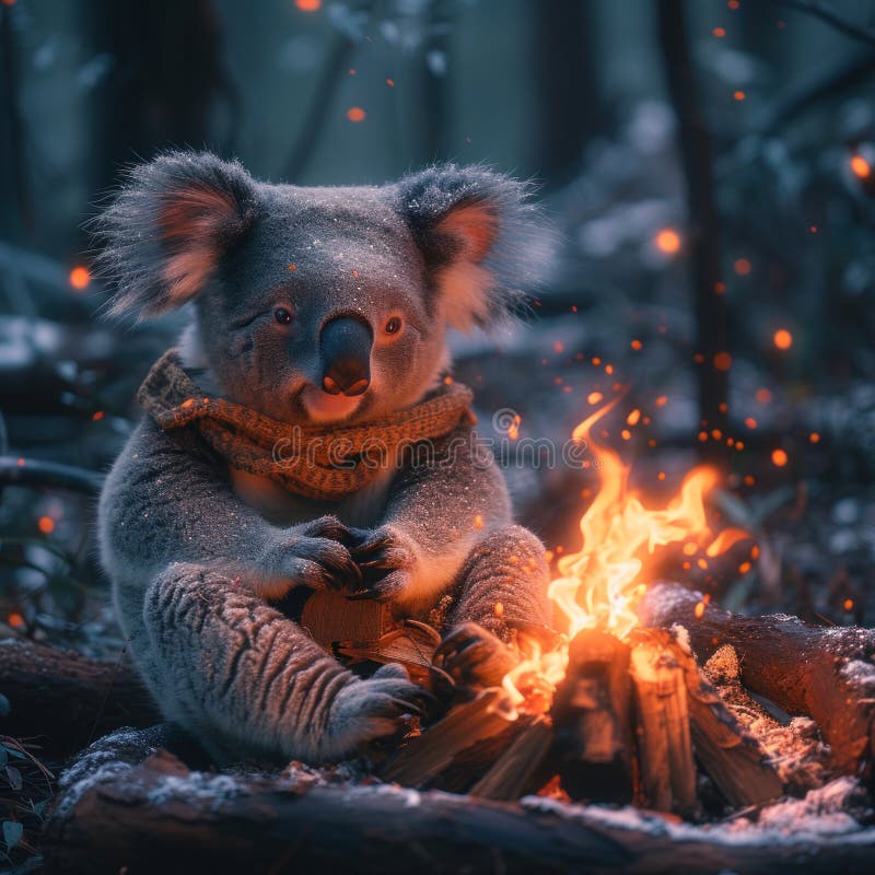 Cute Koala Lighting a Campfire in Winter with the Concept of ...