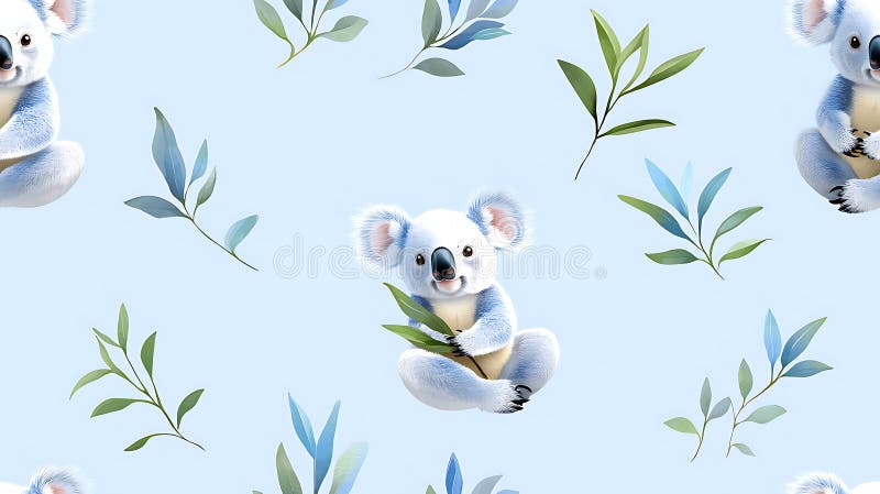 Cute Koala Pattern with Leaves on Light Blue Background, Perfect for ...