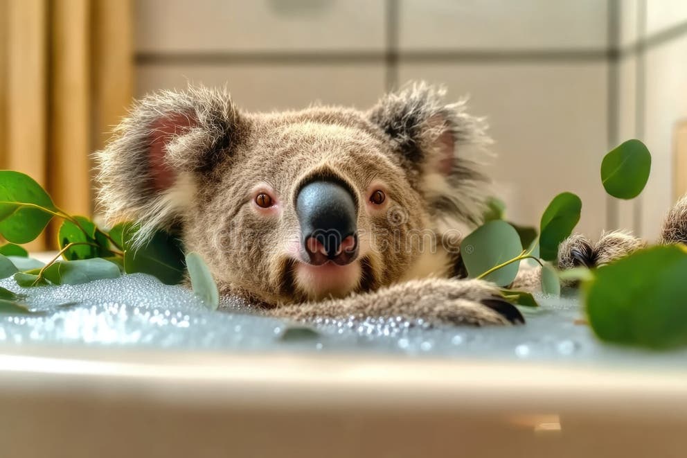 Cute Koala Relaxing in a Bubble Bath Surrounded by Eucalyptus Leaves ...