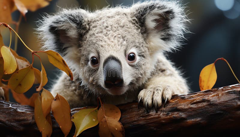 Cute Koala Sitting on Branch, Looking at Camera in Forest Generated by AI Stock Photo - Image of ...