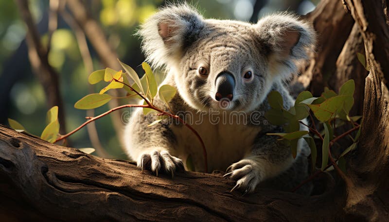 Cute Koala Sitting on Branch, Looking at Camera in Forest Generated by AI Stock Illustration ...
