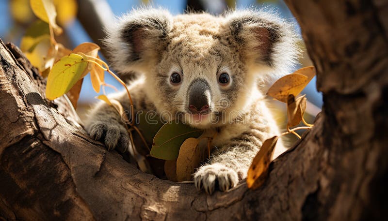 Cute Koala Sitting on Branch, Looking at Camera, in Forest Generated by AI Stock Image - Image ...