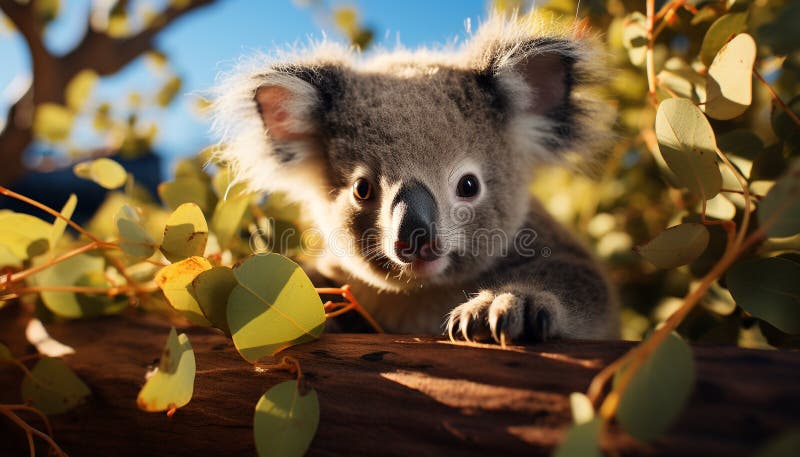 Cute Koala Sitting on Branch, Looking at Camera in Forest Generated by ...