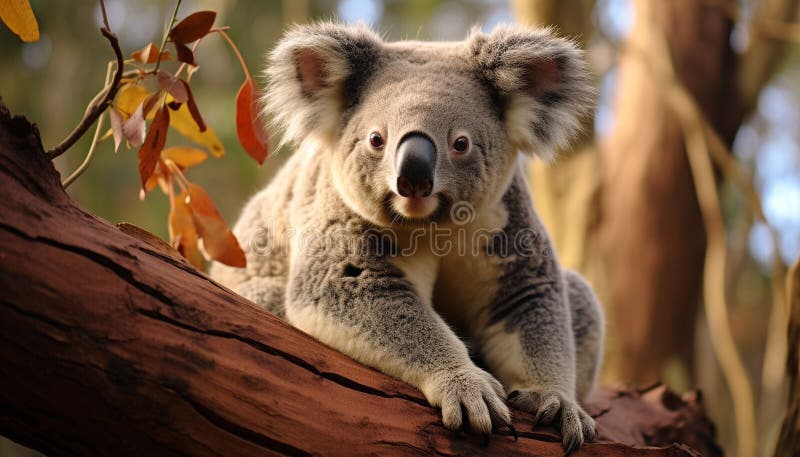 Cute Koala Sitting on Branch, Looking at Camera in Forest Generated by ...