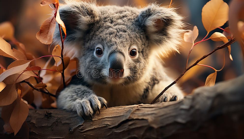 Cute Koala Sitting on Branch, Looking at Camera in Forest Generated by AI Stock Image - Image of ...