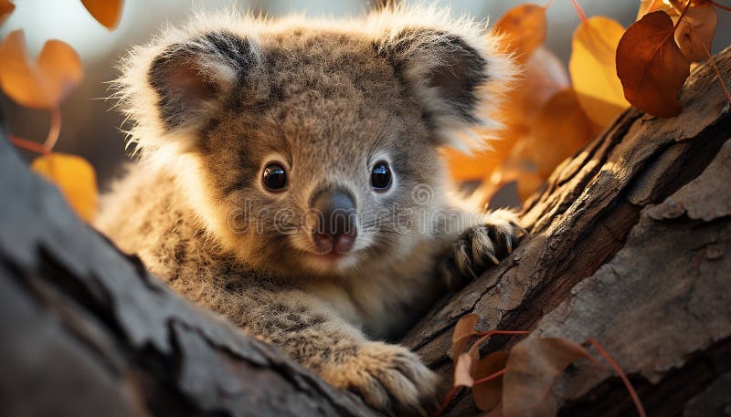 Cute Koala Sitting on Branch, Looking at Camera in Forest Generated by ...
