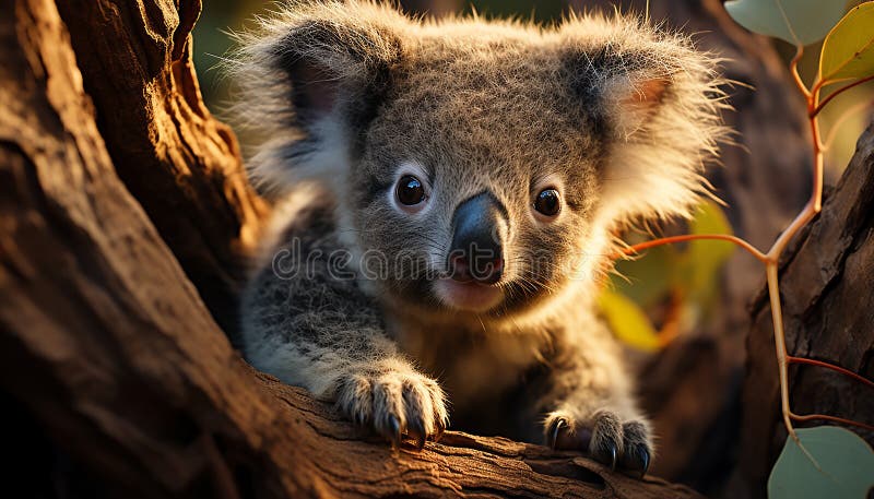 Cute Koala Sitting on Branch, Looking at Camera in Forest Generated by ...