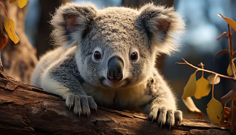 Cute Koala Sitting on Branch, Looking at Camera in Forest Generated by AI Stock Photo - Image of ...
