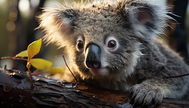 Cute Koala Sitting on Branch, Looking at Camera in Forest Generated by AI Stock Illustration ...