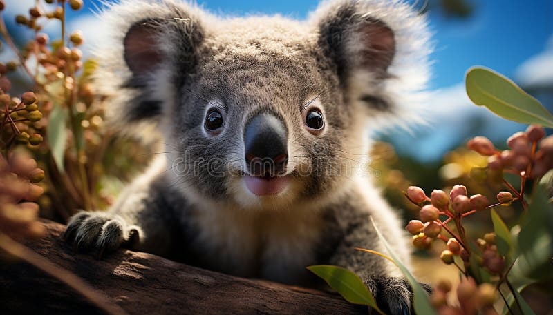 Cute Koala Sitting on Branch, Looking at Camera in Forest Generated by AI Stock Image - Image of ...