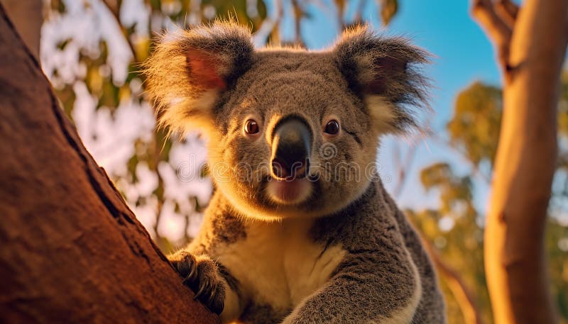 Cute Koala Sitting on Branch, Looking at Camera in Forest Generated by AI Stock Image - Image of ...