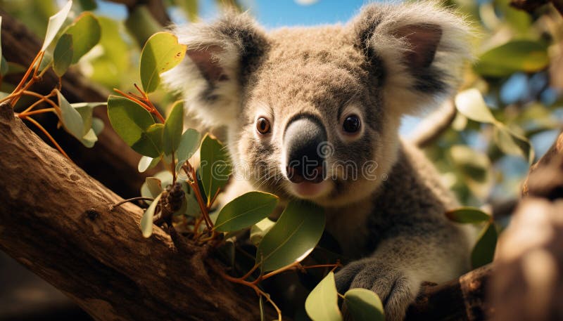 Cute Koala Sitting on Branch, Looking at Camera in Nature Generated by ...