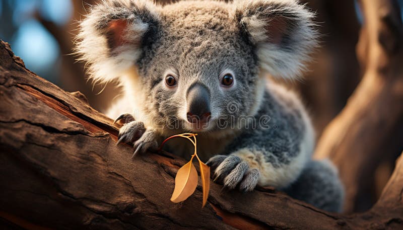 Cute Koala Sitting on Branch, Looking at Camera, Outdoors Generated by ...