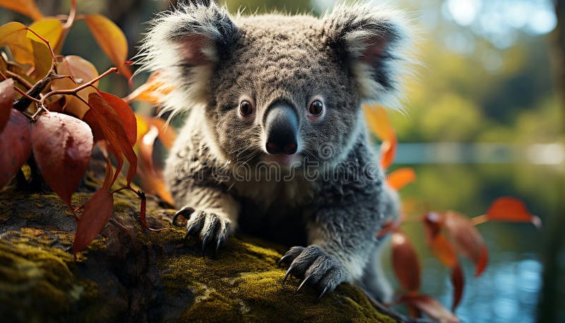Cute Koala Sitting on Branch, Looking at Camera, Outdoors Generated by ...