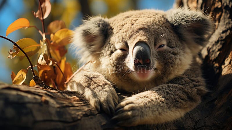 Cute Koala Sleeping on Eucalyptus Branch in Autumn Stock Illustration ...