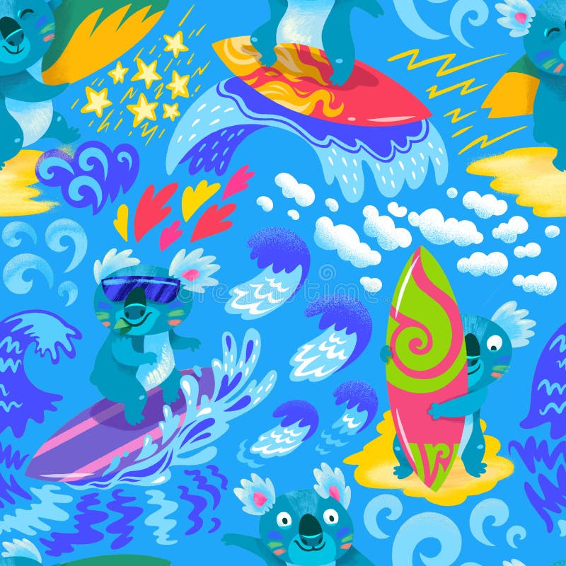 Cute Koala Surfers Seamless Pattern. Hand Drawn Illustration Stock ...