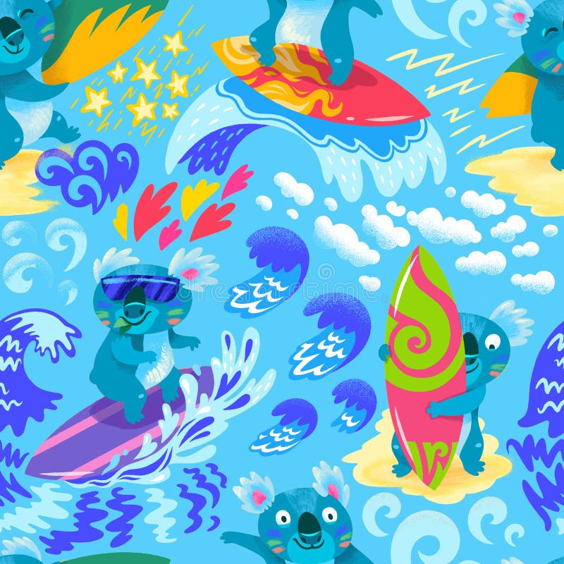 Cute Koala Surfers Seamless Pattern. Hand Drawn Illustration Stock ...