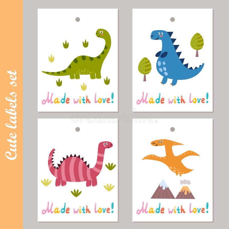 Cute Labels Set with Funny Dinosaurs Stock Vector - Illustration of ...