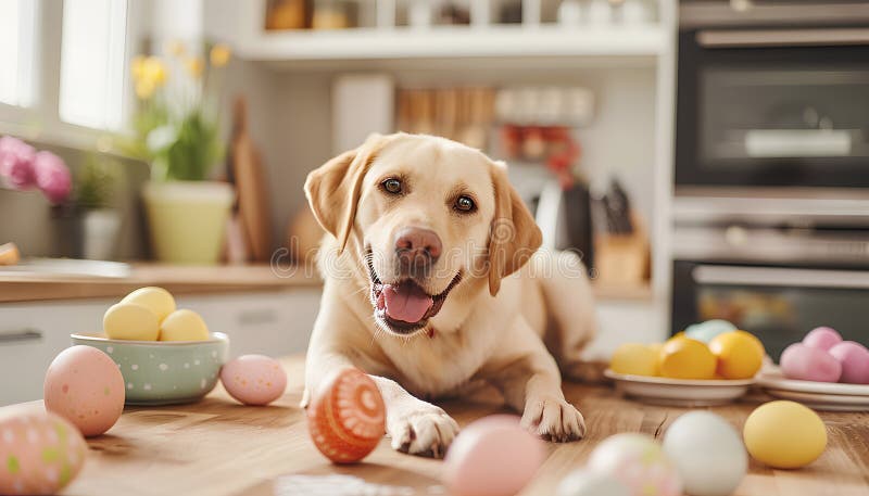 Cute Labrador Dog Lying in Kitchen. Easter Celebration Stock ...