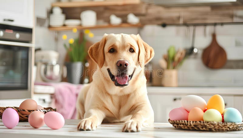 Cute Labrador Dog Lying in Kitchen. Easter Celebration Stock ...