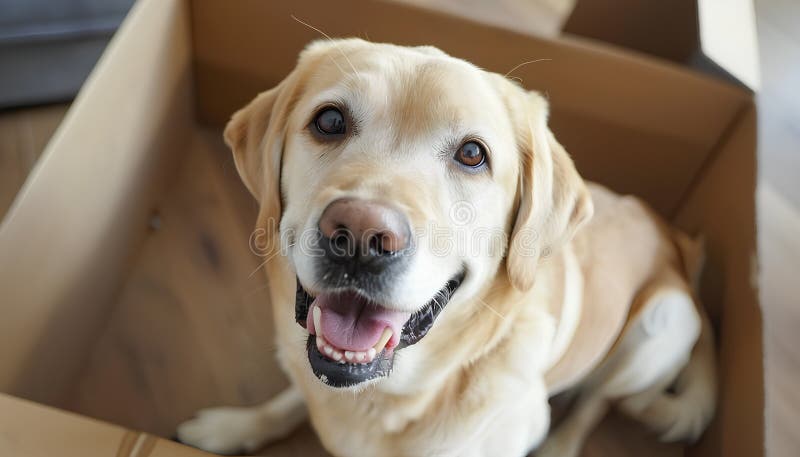 Cute Labrador Dog Sitting in Box on Moving Day at Home Stock Image ...