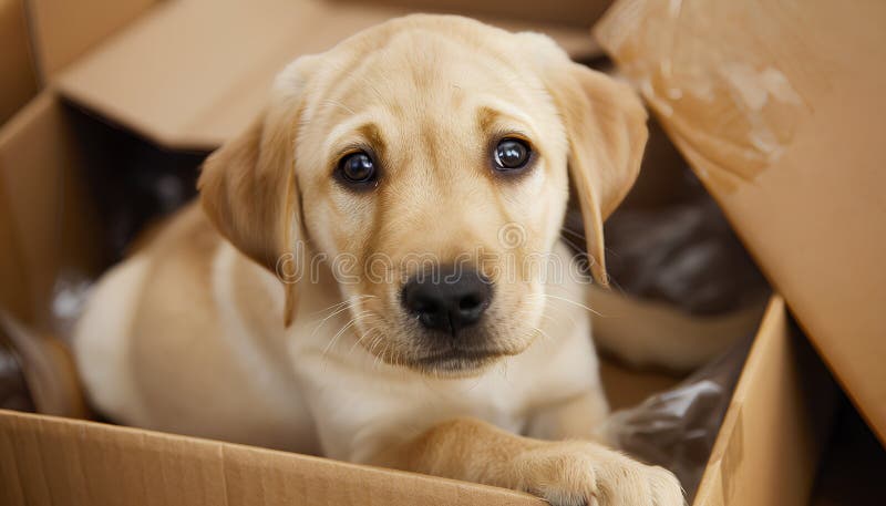 Cute Labrador Dog Sitting in Box on Moving Day at Home Stock Photo ...