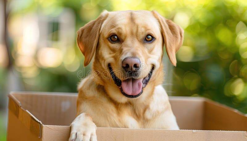Cute Labrador Dog Sitting in Box on Moving Day at Home Stock Photo ...