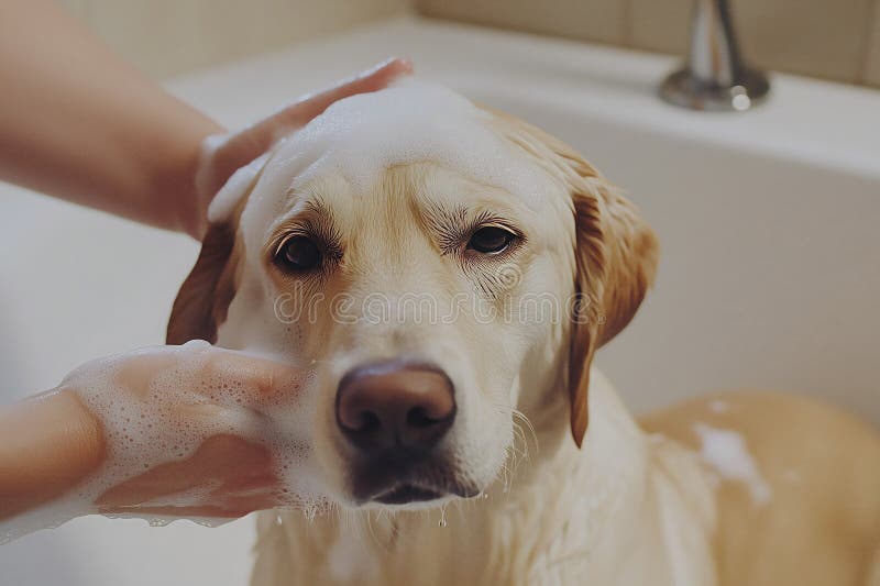 Cute Labrador Dog Taking a Shower at Home in the Bathroom Stock ...