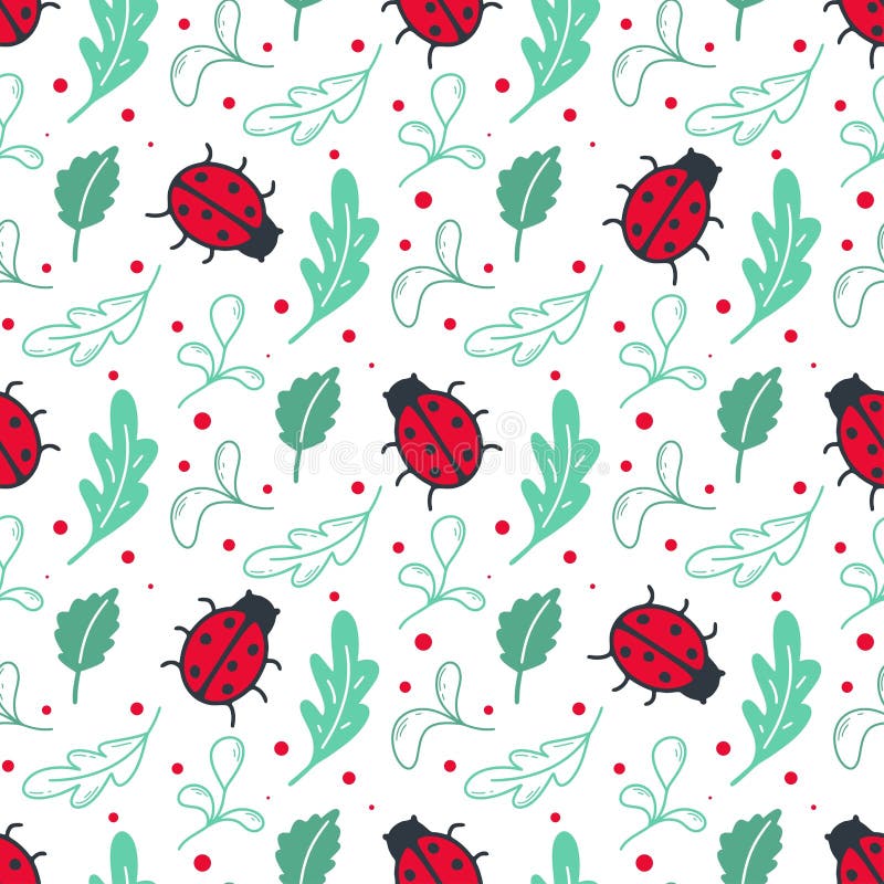 Cute Ladybugs and Foliage Seamless Hand Drawn Pattern Stock Vector ...