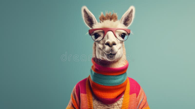 Cute Lama with Colorful Scarf and Galsses AI Generated Stock ...