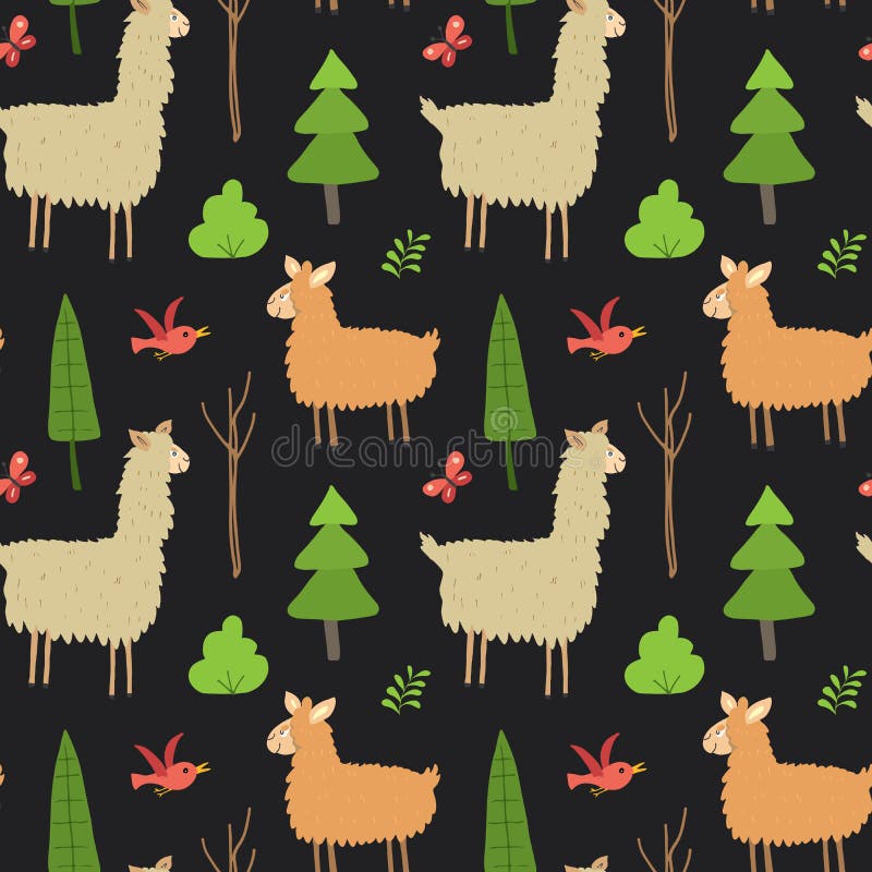 Cute Lama Seamless Pattern. Cartoon Animals in Forest Background Stock ...