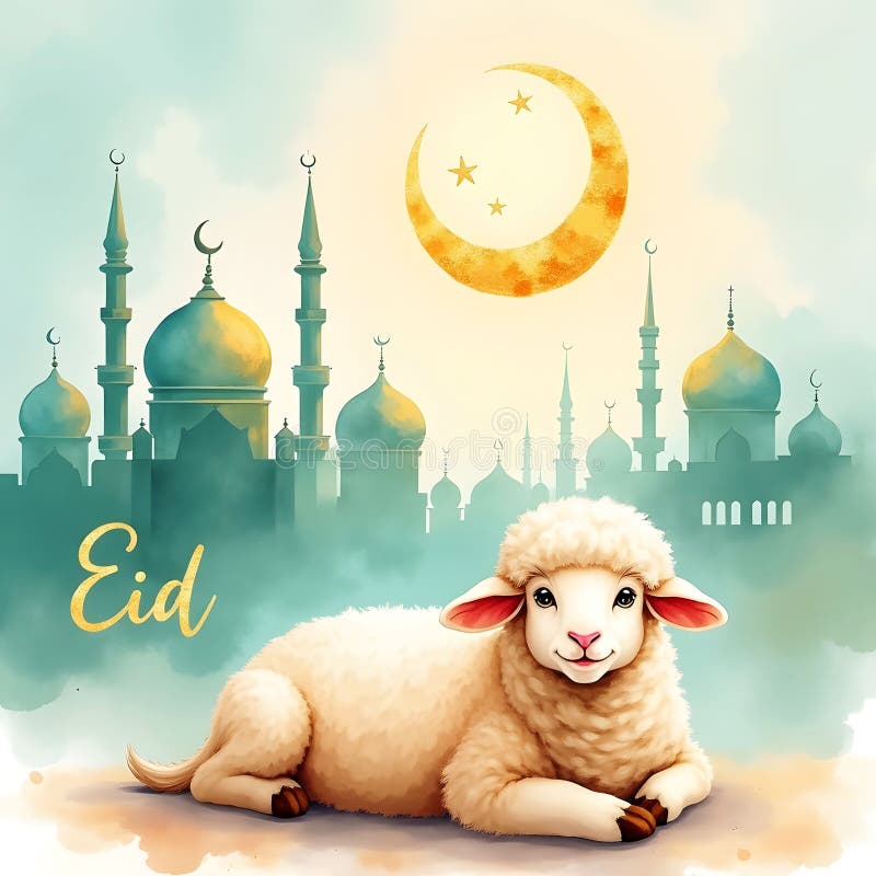 Cute Lamb with Crescent Moon and Mosque Silhouette for Eid Al-Adha ...