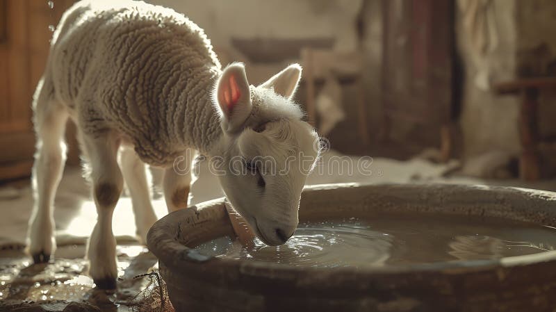 Cute Lamb Drinking Water from a Pot Inside a Cozy Room in a Rustic ...