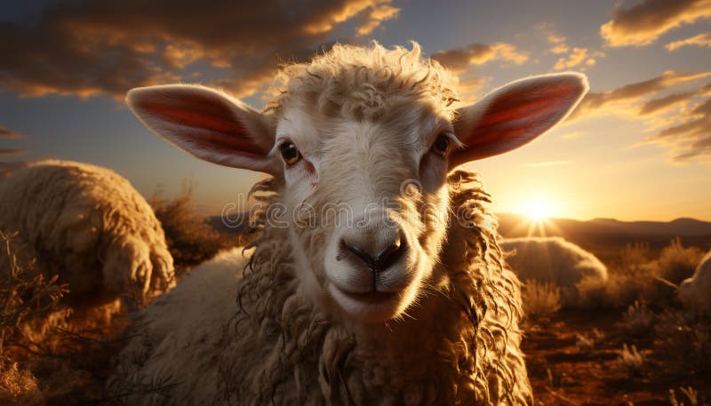 A Cute Lamb Grazing in a Green Meadow at Sunset Generated by AI Stock ...