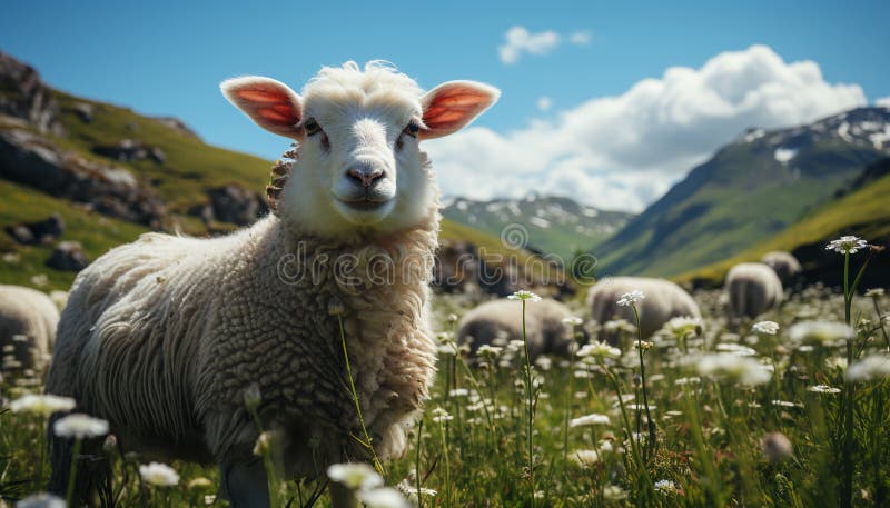 Cute Lamb Grazing on Green Meadow, Surrounded by Beautiful Nature ...