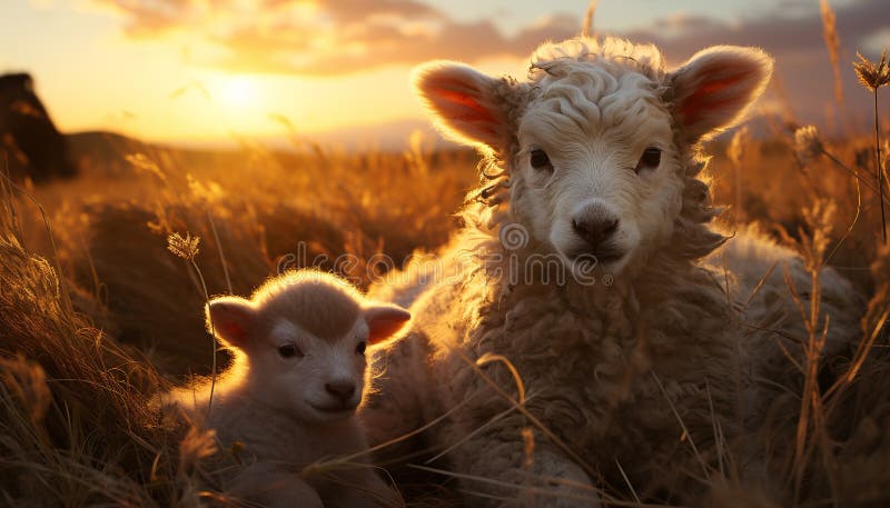 Cute Lamb Looking at Camera in Farm Meadow Generated by AI Stock Photo ...