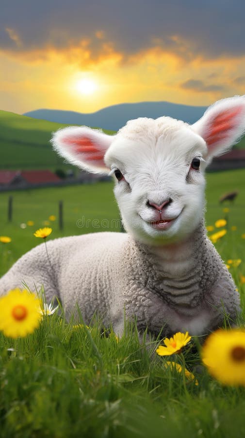 Cute Lamb on a Meadow with Dandelions in Spring. Stock Illustration ...
