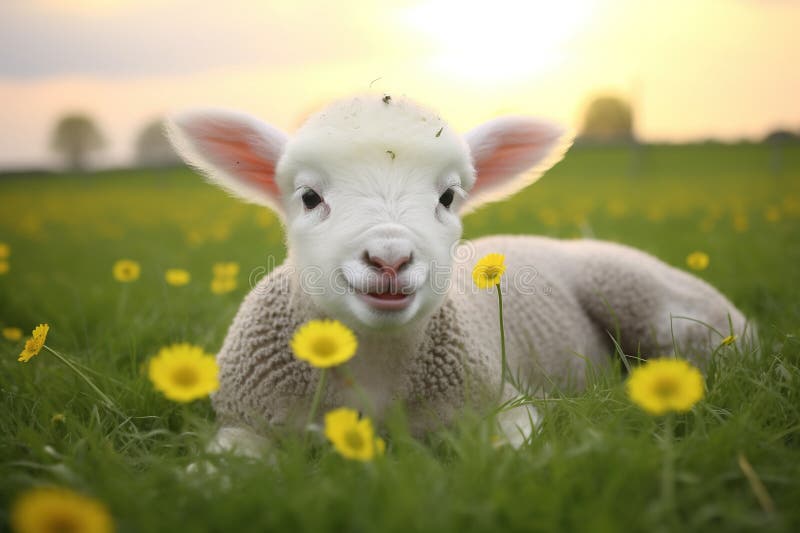 Cute Lamb on a Meadow with Dandelions in Spring. Stock Illustration ...