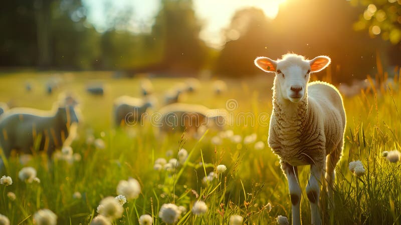 Cute Lamb in a Meadow at Sunset - Photo Stock Illustration ...