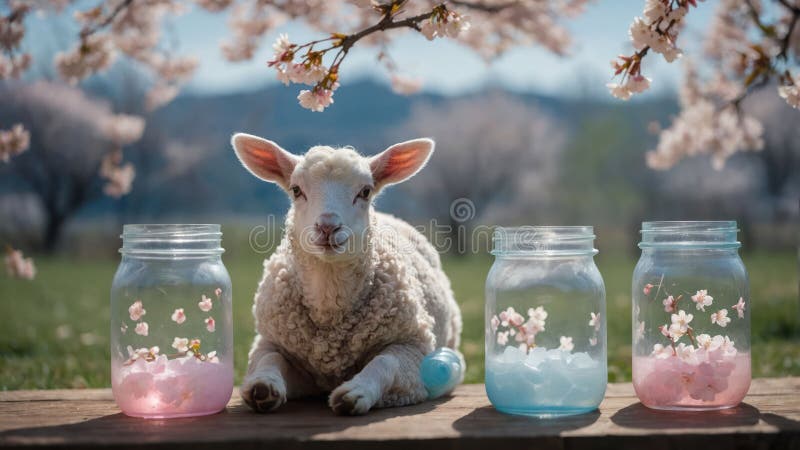 Adorable Spring Lamb with Cherry Blossoms and Jars Stock Illustration ...