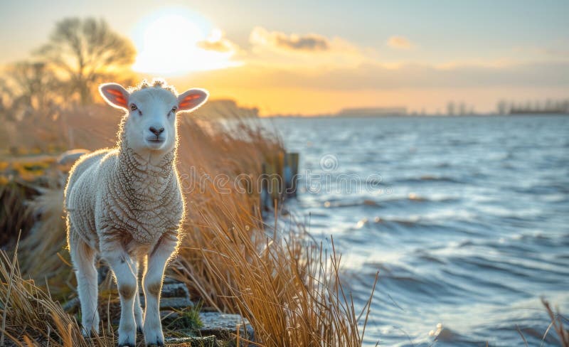 Cute Lamb is Standing on Rock by the Water in Polder Landscape Stock ...